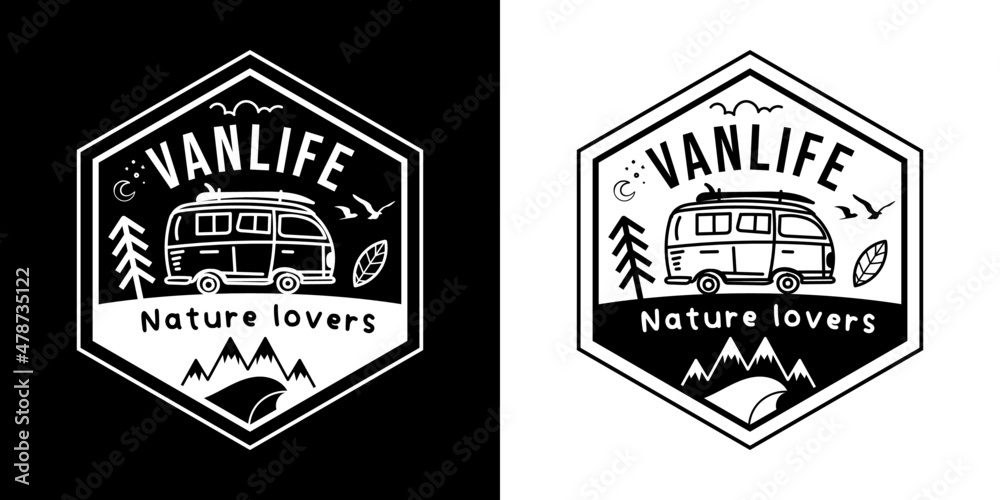 Vanlife, nature lovers - logo, label, sticker - black and white. Stock ...