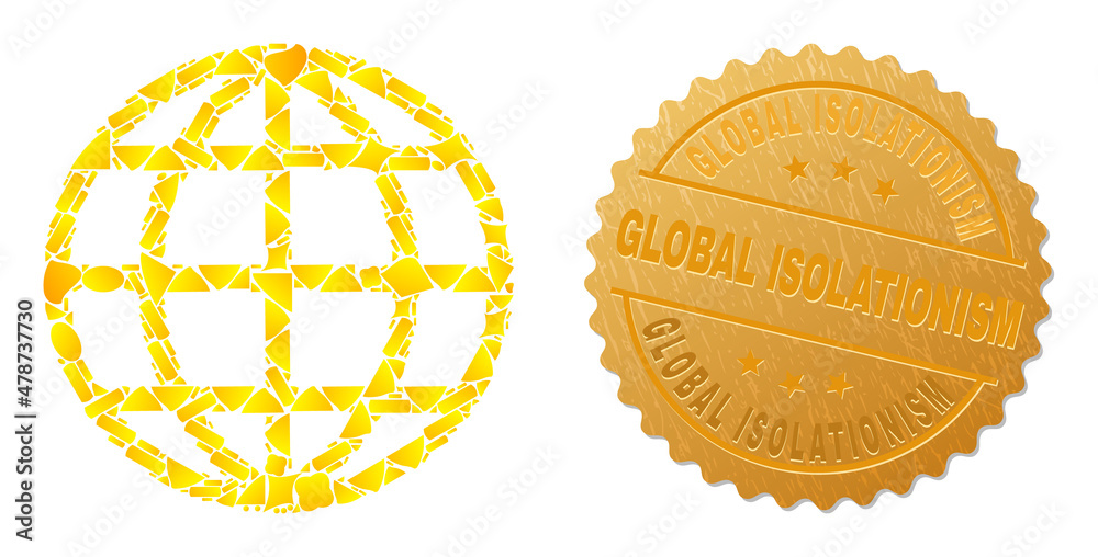 Golden composition of yellow elements for global icon, and golden ...