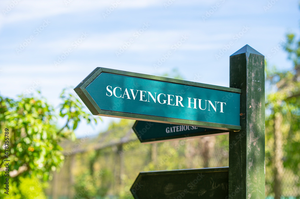 Scavenger hunt sign with blue sky and nature background Stock Photo ...