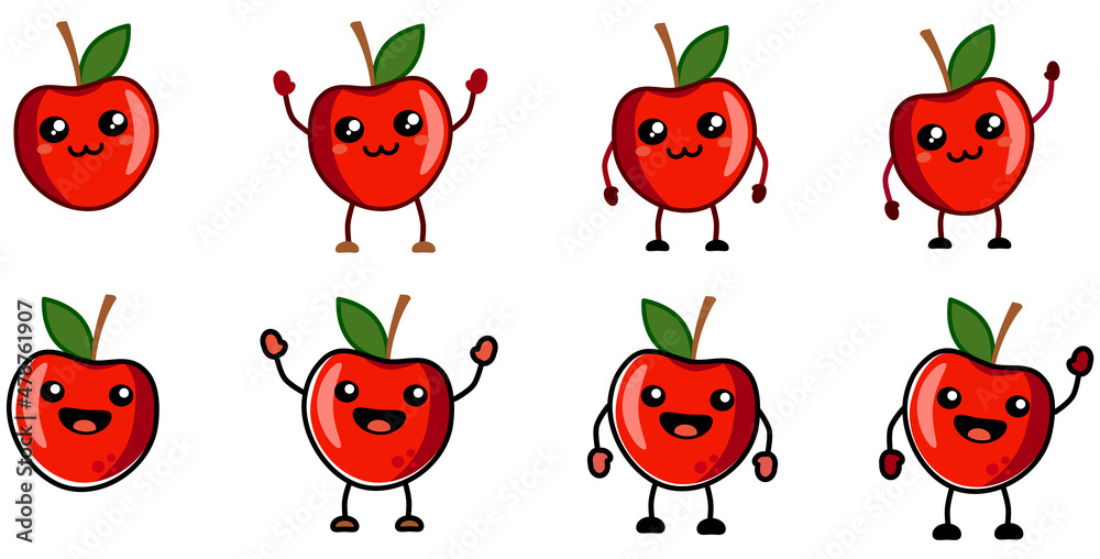 Cute kawaii style red apple fruit icon, smiling. Version with hands ...