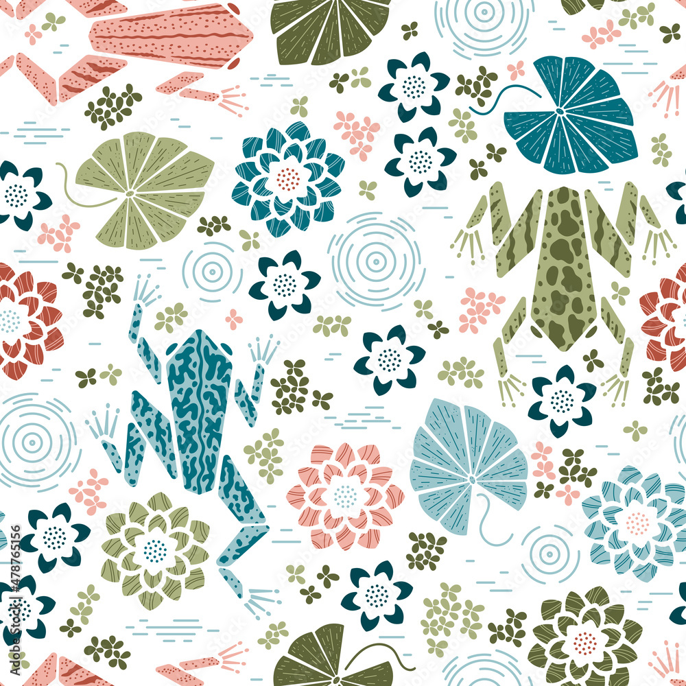 Pond Seamless Pattern. Swamp Frogs and Plants Vector Background. Marsh ...