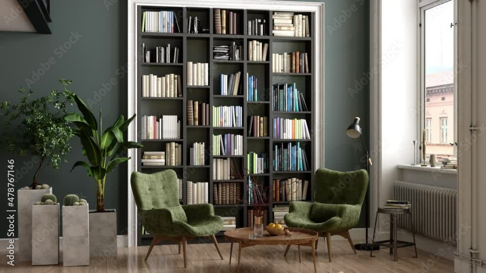 Reading Room Interior With Bookshelf, Green Armchairs, Coffee Table And ...