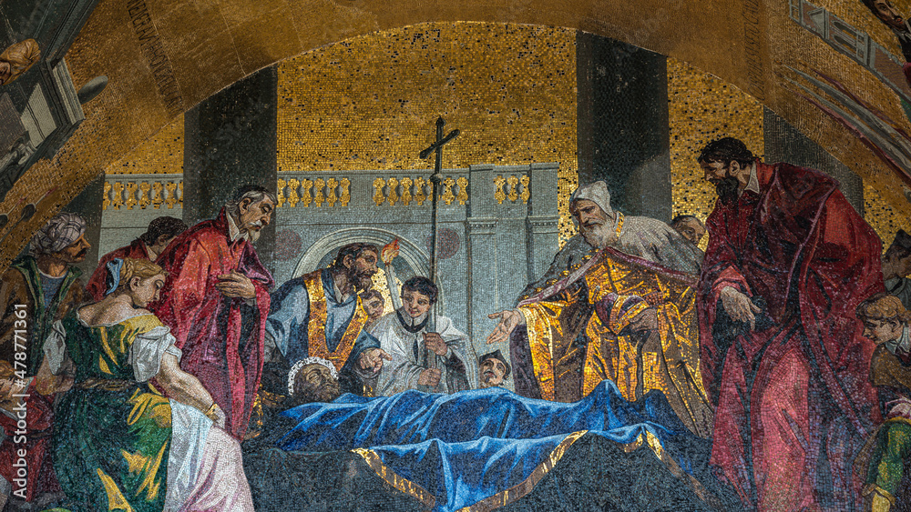 Ancient religious mosaic depicting Biblical scenes at facade of ...