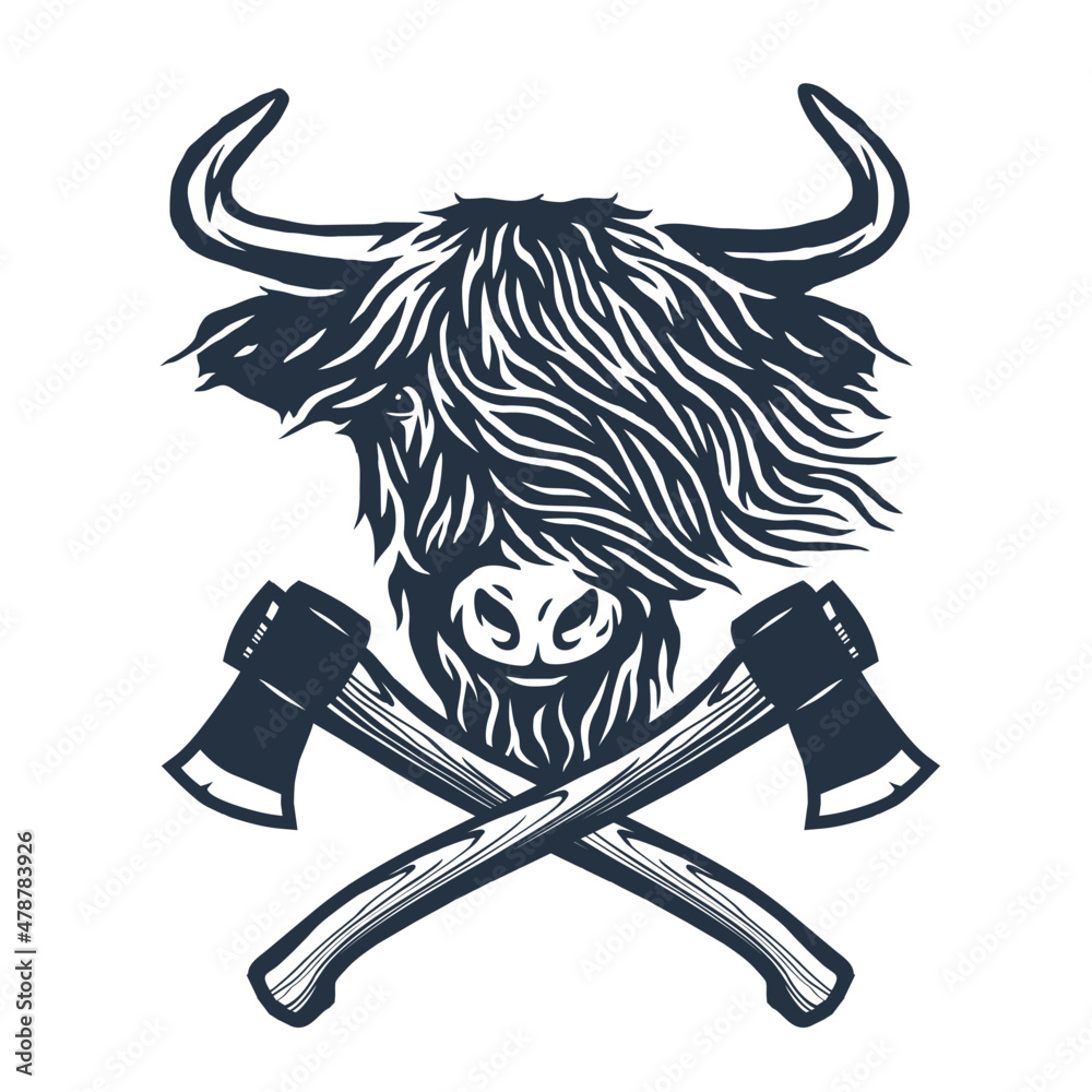 Vector Illustrated portrait of Highland cattle, cow and axe. Cute head ...