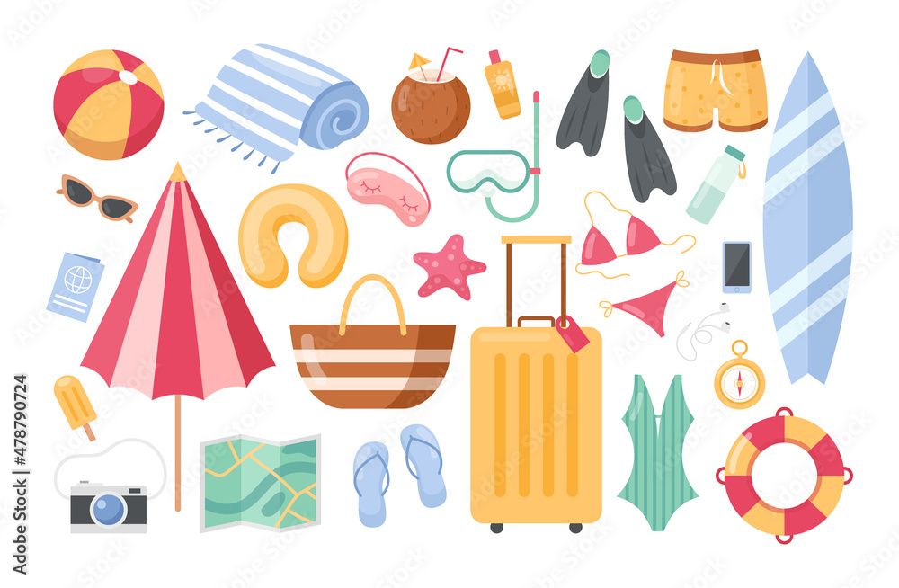 Summer vacation elements. Vector set of cartoon travel accessories with ...