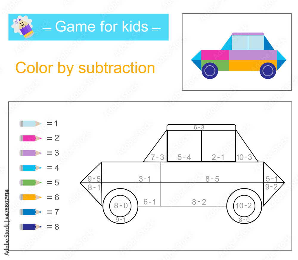 Color by subtraction. Math activity for kids. Developing numeracy ...