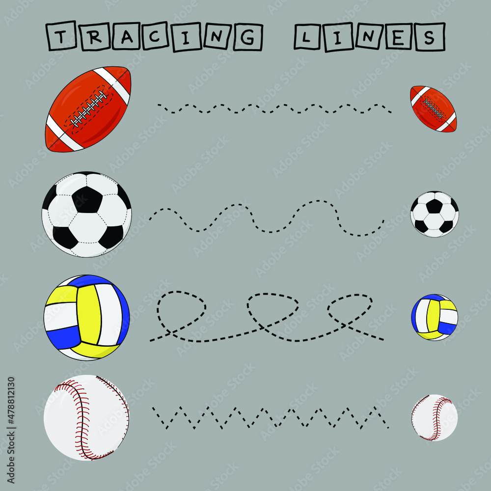 Trace line worksheet with rugby, soccer, volleyball, baseball for kids ...