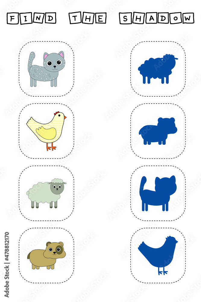Find a shadow pets. Match cat sheep, chicken, hamster with correct ...