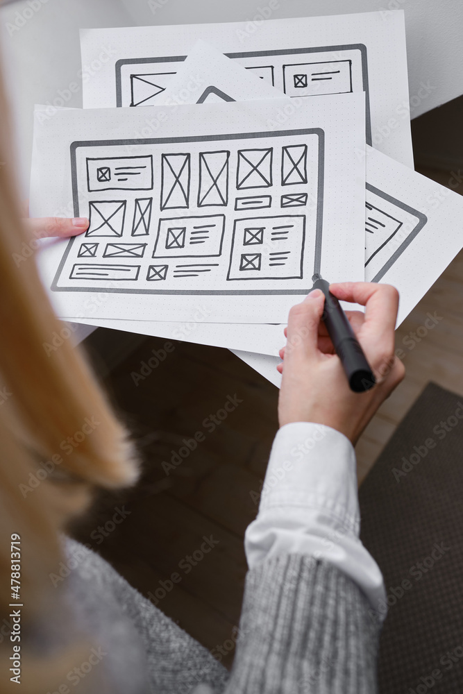 Woman designer create website design wireframe. Sketch, prototype ...