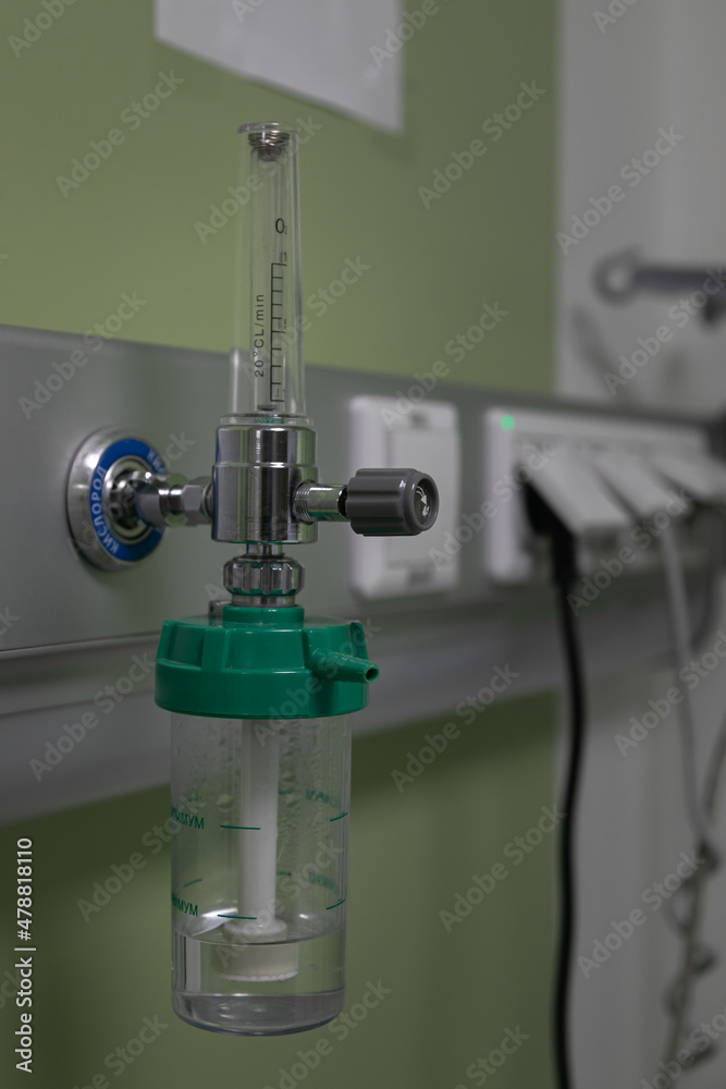 Close up view of a low flow oxygen delivery system in a hospital room ...