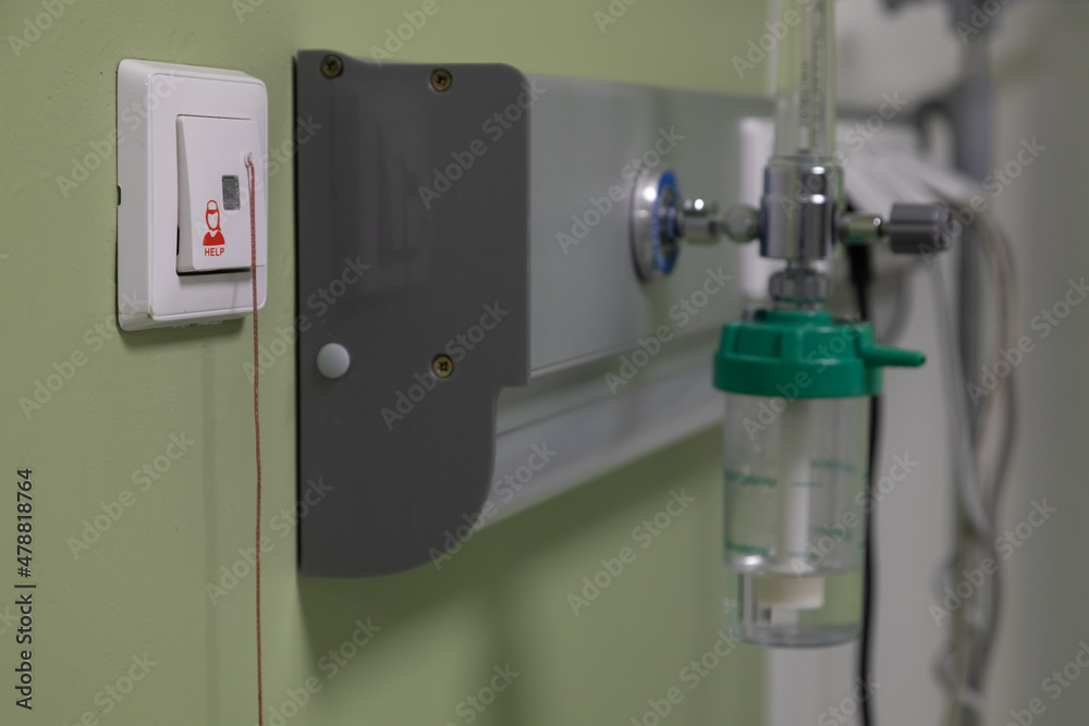 Close up view of a low flow oxygen delivery system in a hospital room ...