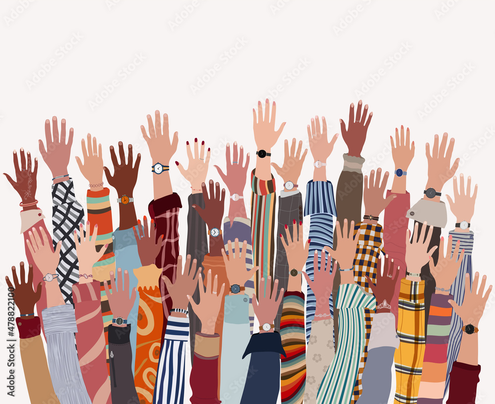 Group of many raised arms and hands of diverse multi-ethnic and ...