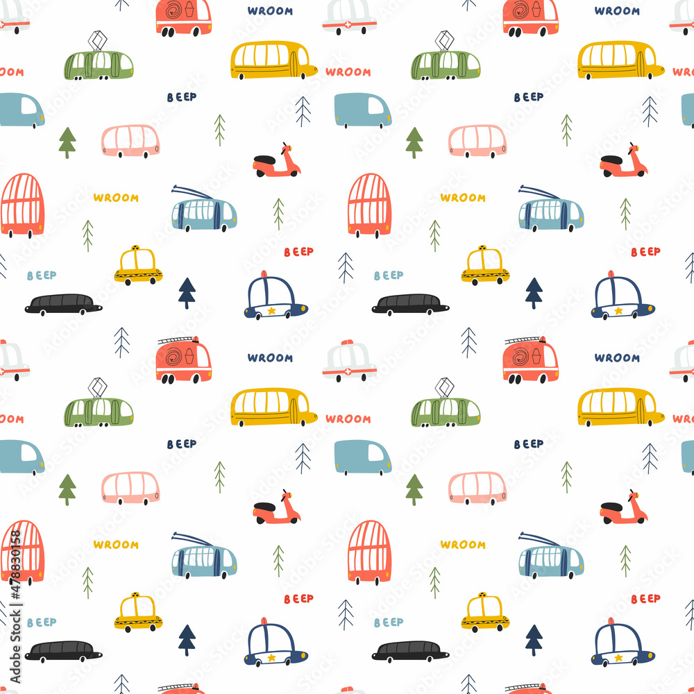 Seamless pattern with tram, minibus, taxi, ambulance, trolley, scooter ...