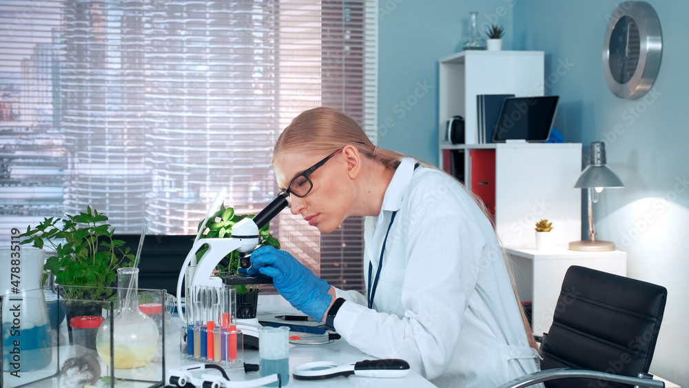 In modern research laboratory: female scientist using pipette to drop ...