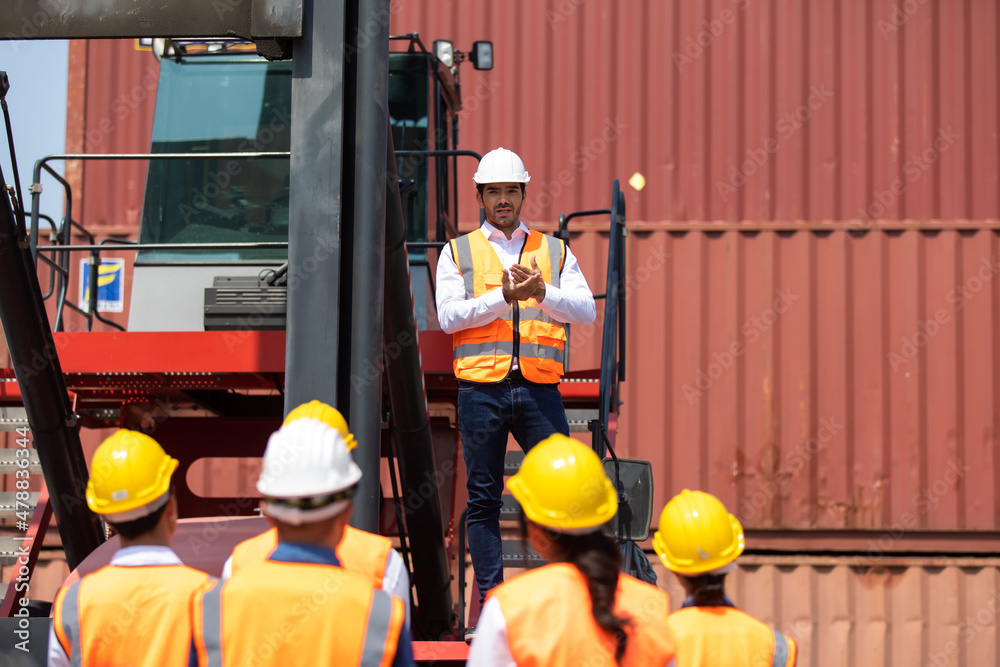 Strike of workers in container yard. Group of multiethnic engineer ...