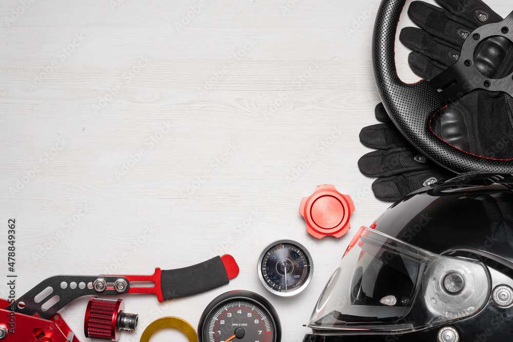 Car tuning gear concept flat lay background with copy space. Motorsport ...