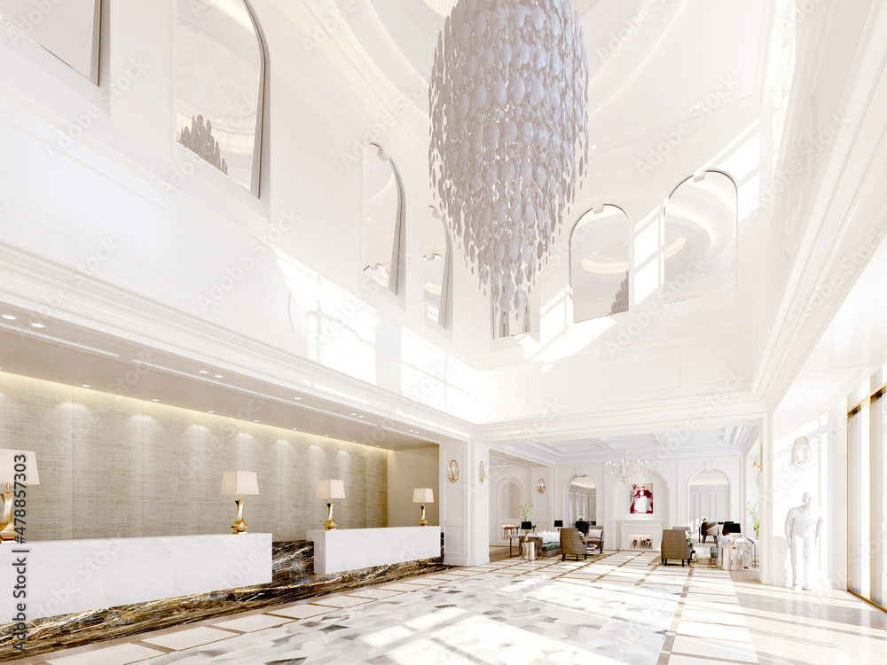 3d render of luxury hotel lobby reception Stock Illustration | Adobe Stock
