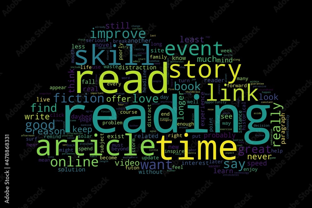 Word cloud of reading concept on black background Stock Illustration ...