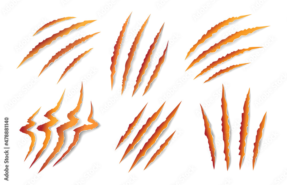Set of orange animal claw marks, scratches, talons cuts cat, tiger, dog ...