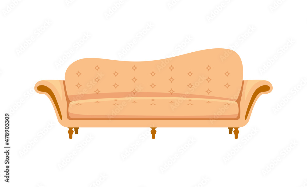 Living room furniture concept. Beautiful soft beige sofa with wavy back ...