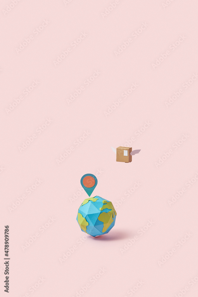 Box flying to red drop pointer Stock Photo | Adobe Stock