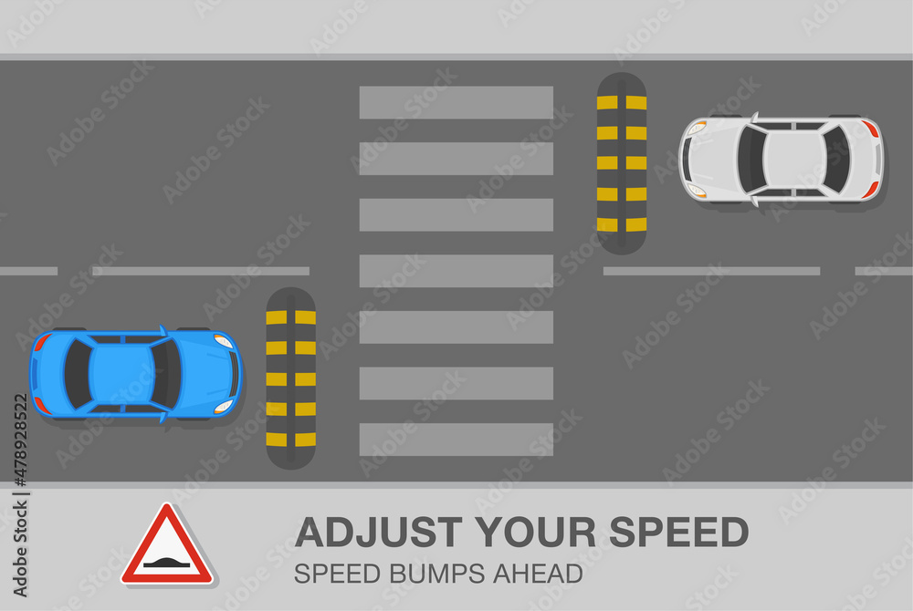 Safety car driving and traffic rules. Top view of speed bumps on a city ...