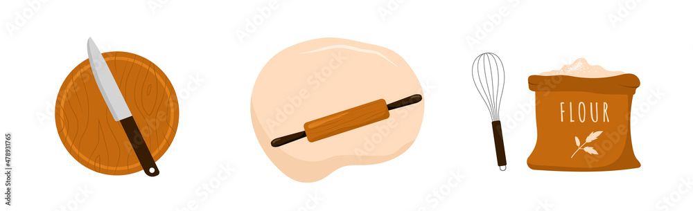 Rolled dough and rolling pin. Kitchen utensil. Preparation homemade ...