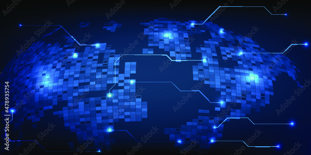 Vector illustrations of futuristic world map shpere shape with digital ...