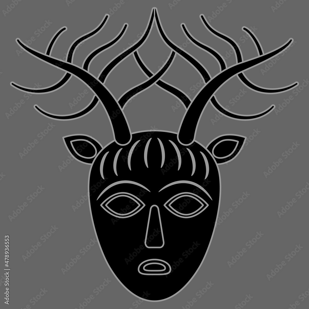 Head of Celtic god Cernunnos. Pagan mask. Horned human male face with ...