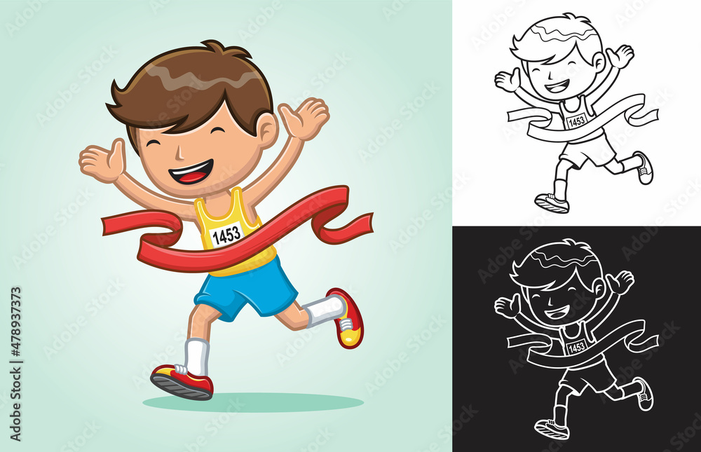 Cartoon boy winning first place in running race competition Stock ...
