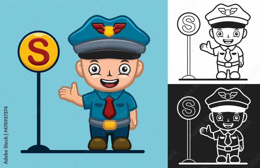 Cartoon little boy wearing police uniform standing beside traffic sign ...