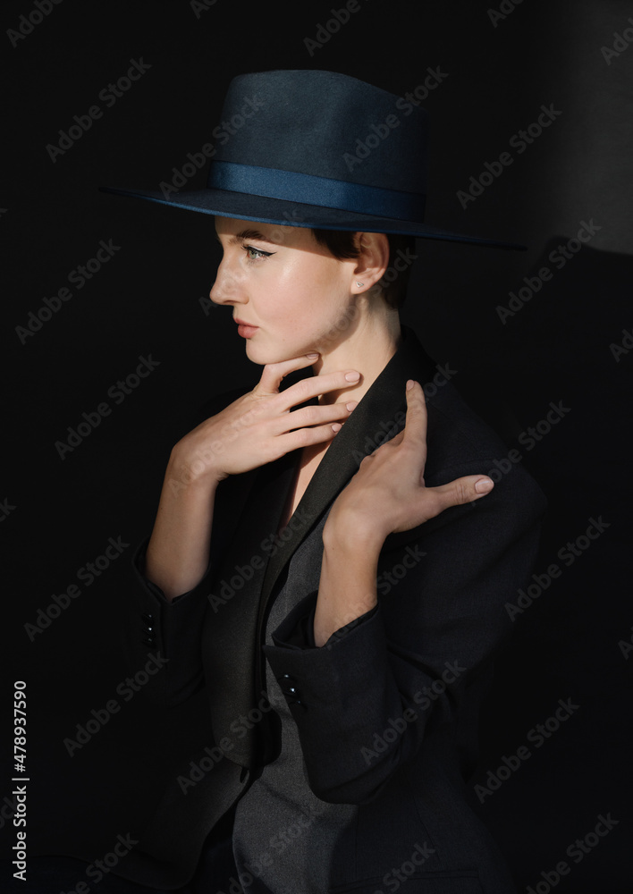Dramatic Female Profile Portrait In Black Background Stock Photo ...