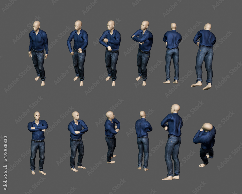 3d model set of men standing in different poses from different camera ...