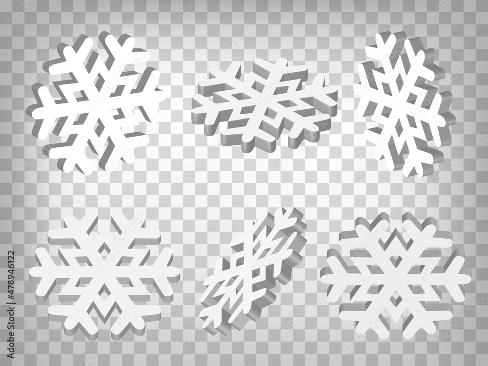 Set of perspective projections 3d Snowflake model icons on transparent ...
