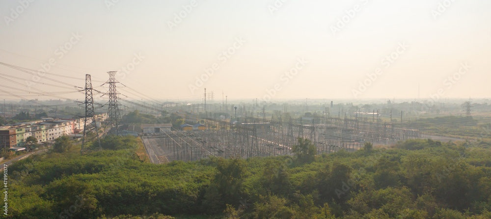 Aerial view of electricity generating, voltage poles. Power lines on ...