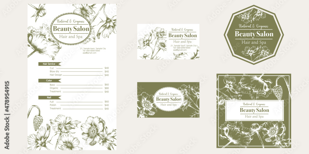 set of botanical menu and label designs with hand drawn flower ...