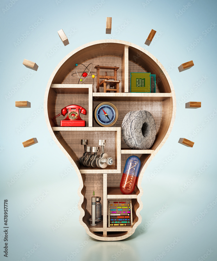 Objects representing important inventions in history standing on ...