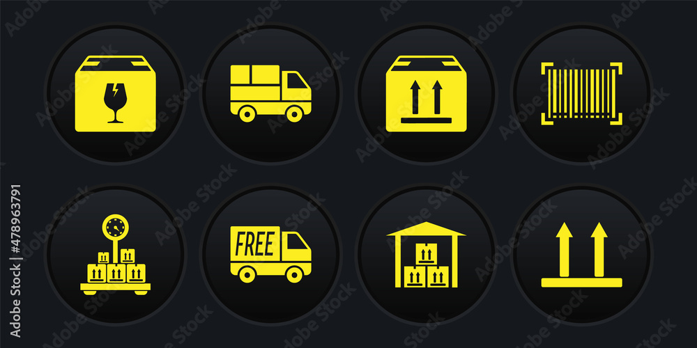 Set Scale with cardboard box, Barcode, Free delivery service, Warehouse, Cardboard traffic ...