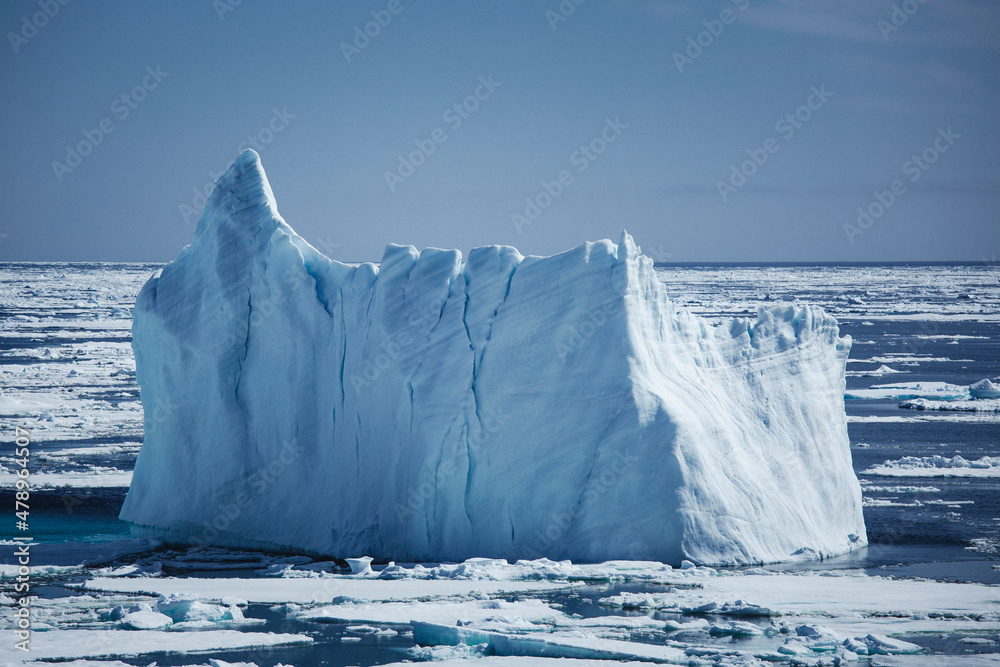 Icebergs floating in the melting sea ice in the Davis Strait. Stock ...
