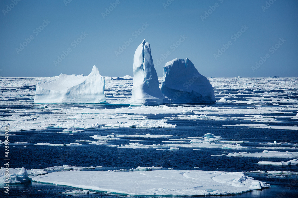 Icebergs floating in the melting sea ice in the Davis Strait. Stock ...