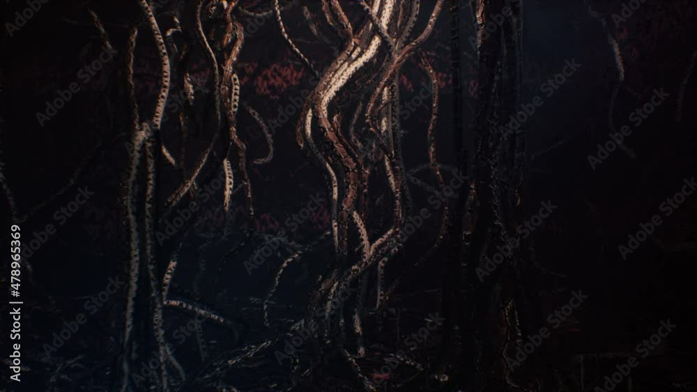 A nightmarish alien cave inhabited by unexplored and creepy creatures ...