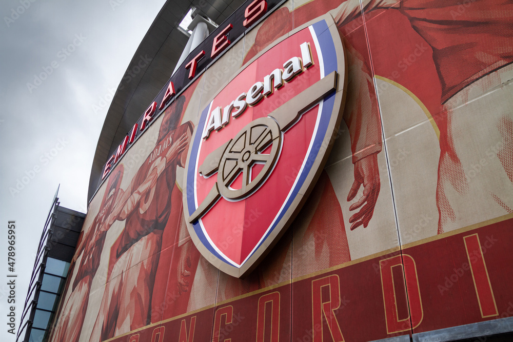 Arsenal Football Club (F.C.) logo or emblem on Emirates Stadium in ...