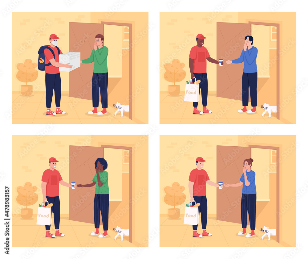 Morning delivery to door flat color vector illustration set. Giving ...