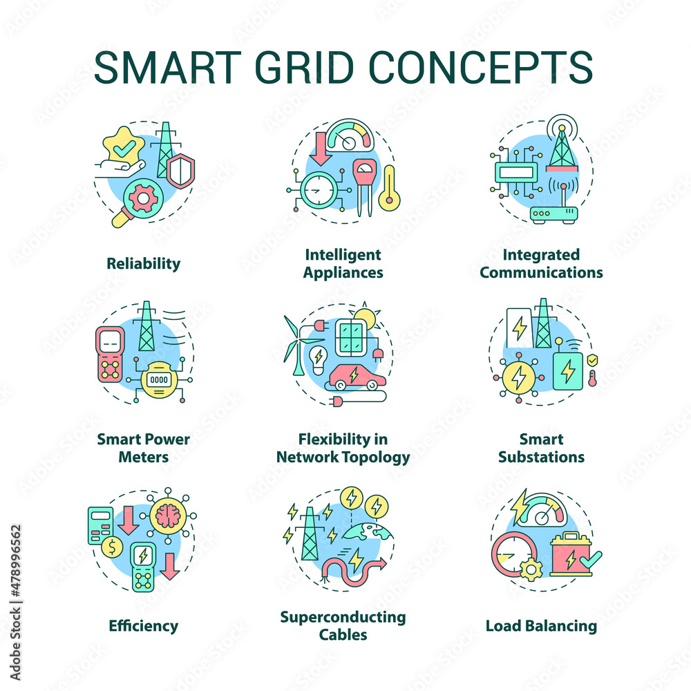 Smart grid concept icons set. Contemporary engineering. Intelligent ...