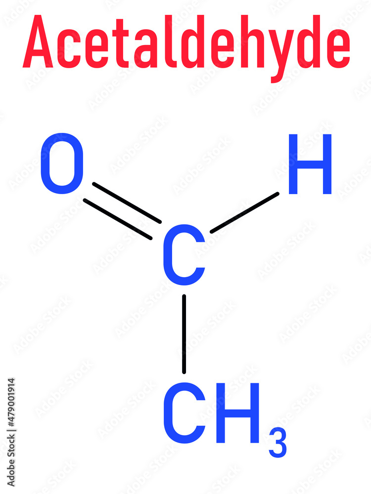 Acetaldehyde or ethanal molecule, chemical structure. Acetaldehyde is a ...