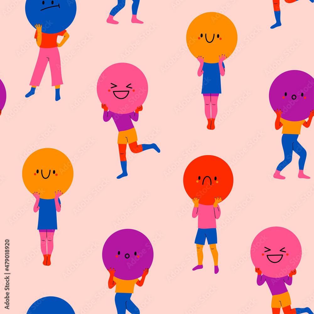 Playful people holding large circles with faces instead of heads. Big ...