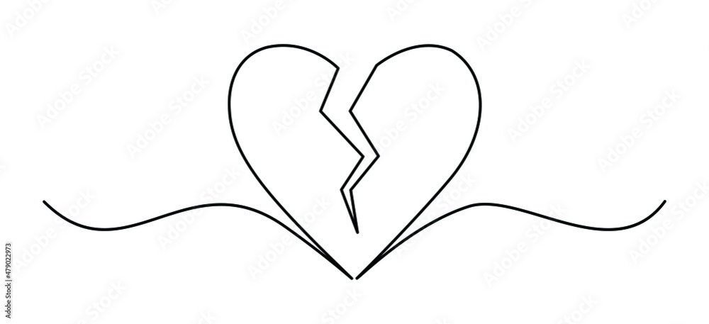 Continuous one line drawing of break heart isolated on white background ...