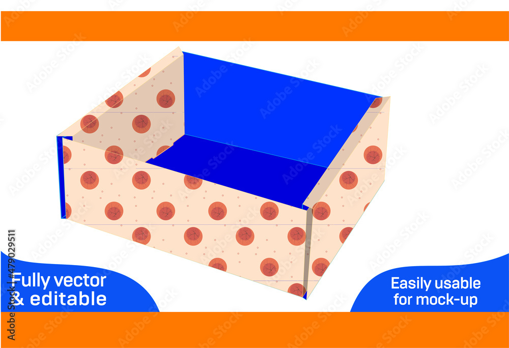 Corrugated carton tray box dieline template and 3D box design render ...