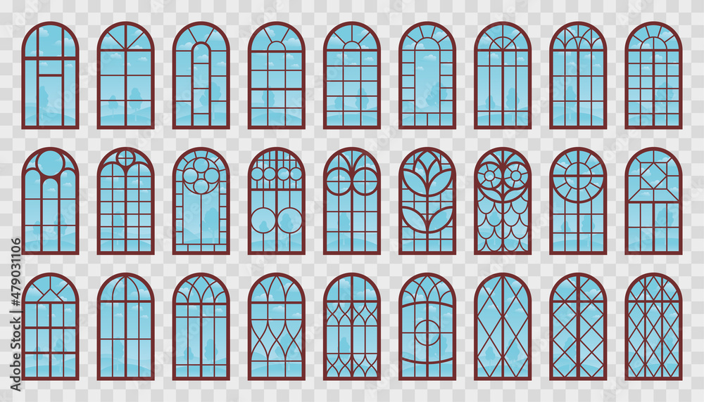 Window Arched Wooden Frames Collection. Vector Set of Isolated Windows ...