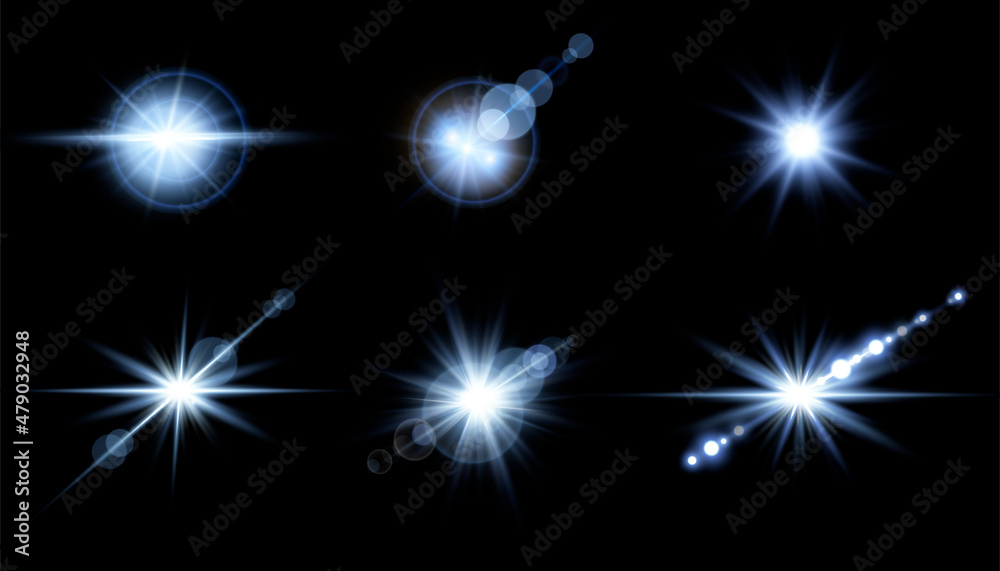 Blue lens flares set. Isolated on transparent background. Sun flash ...